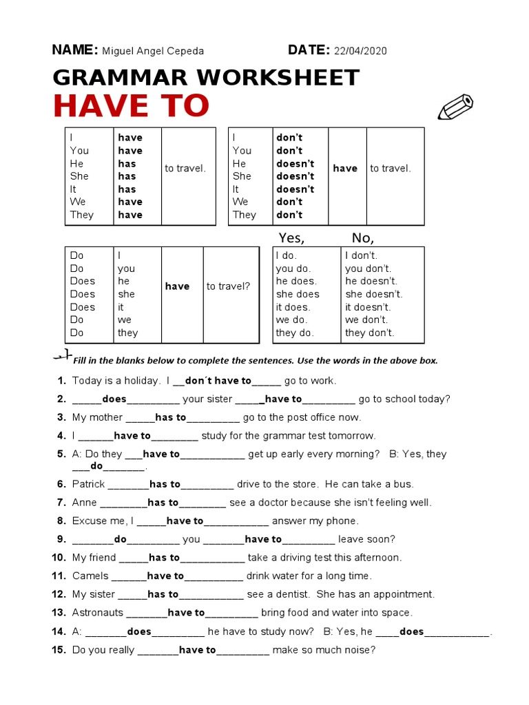 Have To Grammar Worksheet | PDF