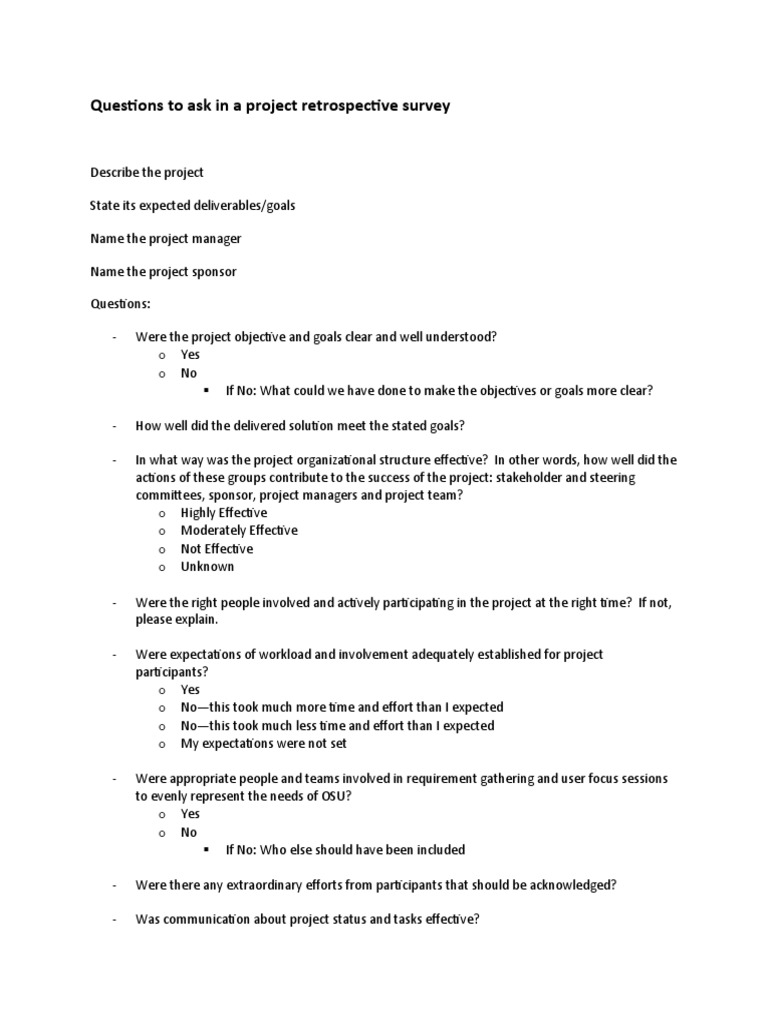 Questions To Ask in A Project Retrospective Survey | PDF | Goal ...