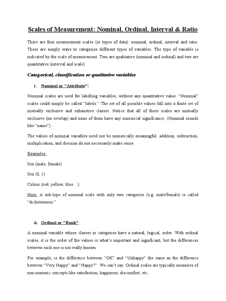 Scales of Measurement: Nominal, Ordinal, Interval & Ratio: Categorical, Classification or ...