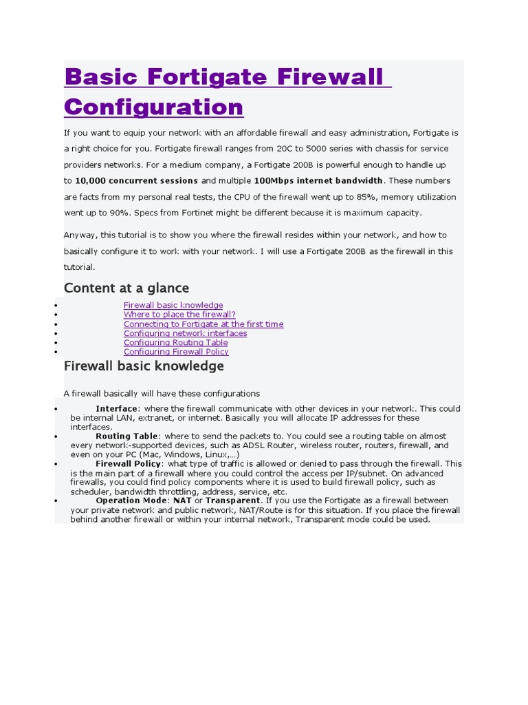 Basic Fortigate Firewall Configuration: Content at A Glance | PDF | Ip Address | Router (Computing)