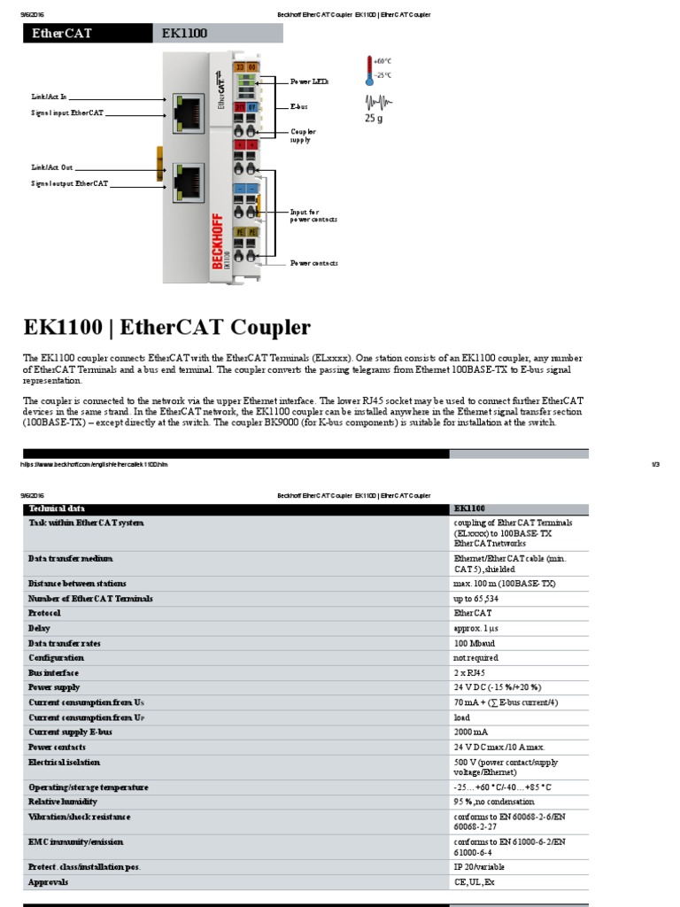 EK1100 EtherCAT Coupler | PDF | Electrical Connector | Ethernet