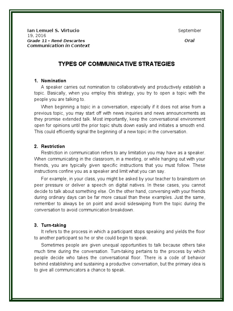 Types of Communicative Strategies: 1. Nomination | PDF | Conversation ...