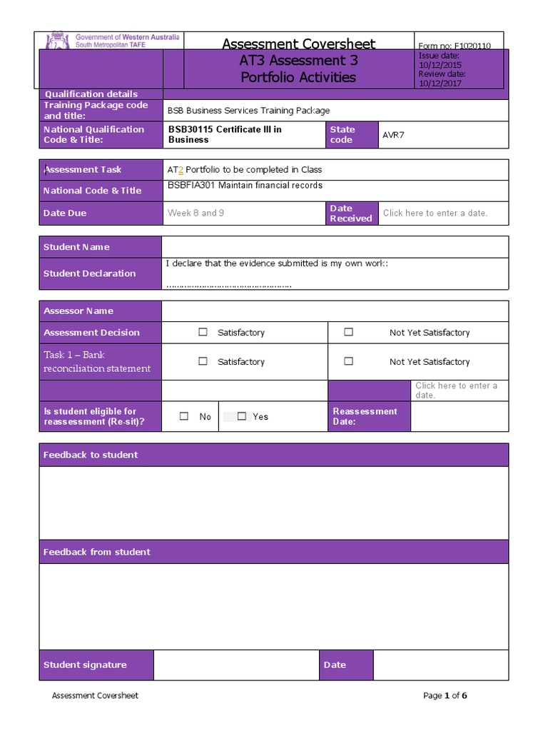 Assessment Coversheet AT3 Assessment 3 Portfolio Activities: BSB30115 ...