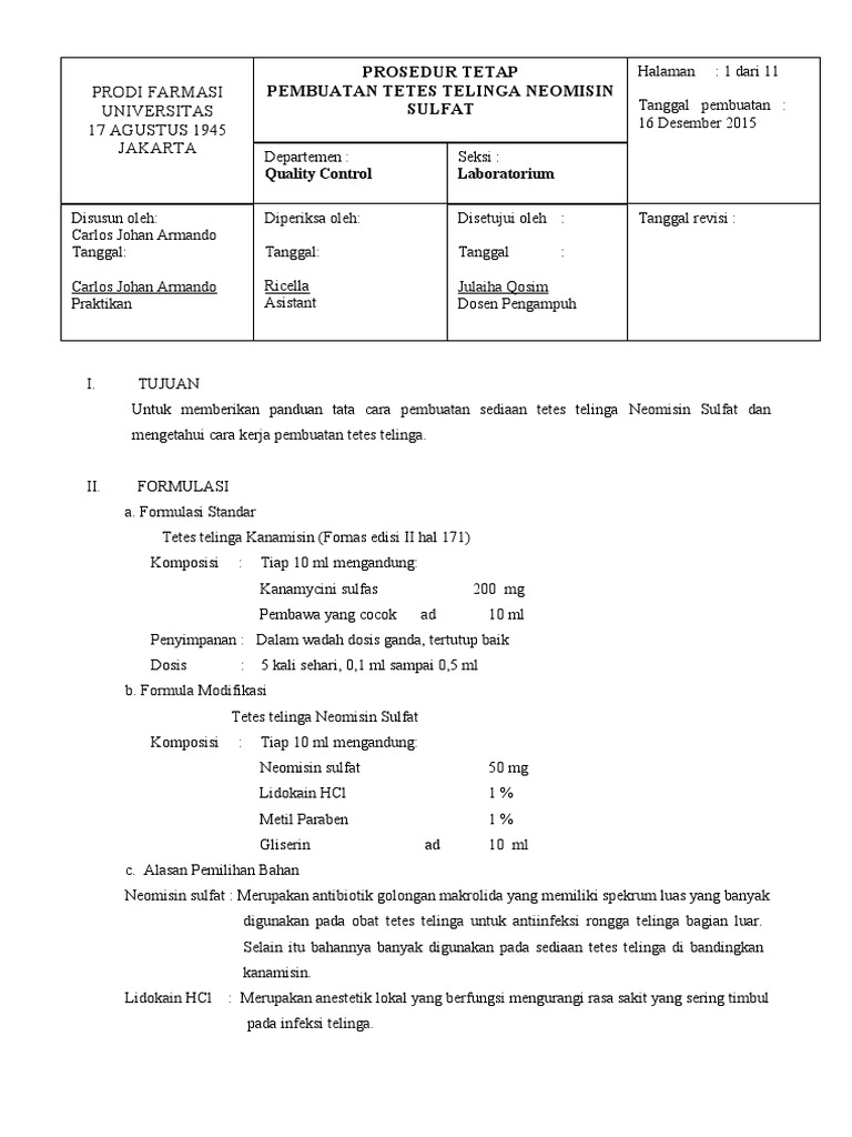 Formulasi Steril Obat Tetes Telingan Neo | PDF