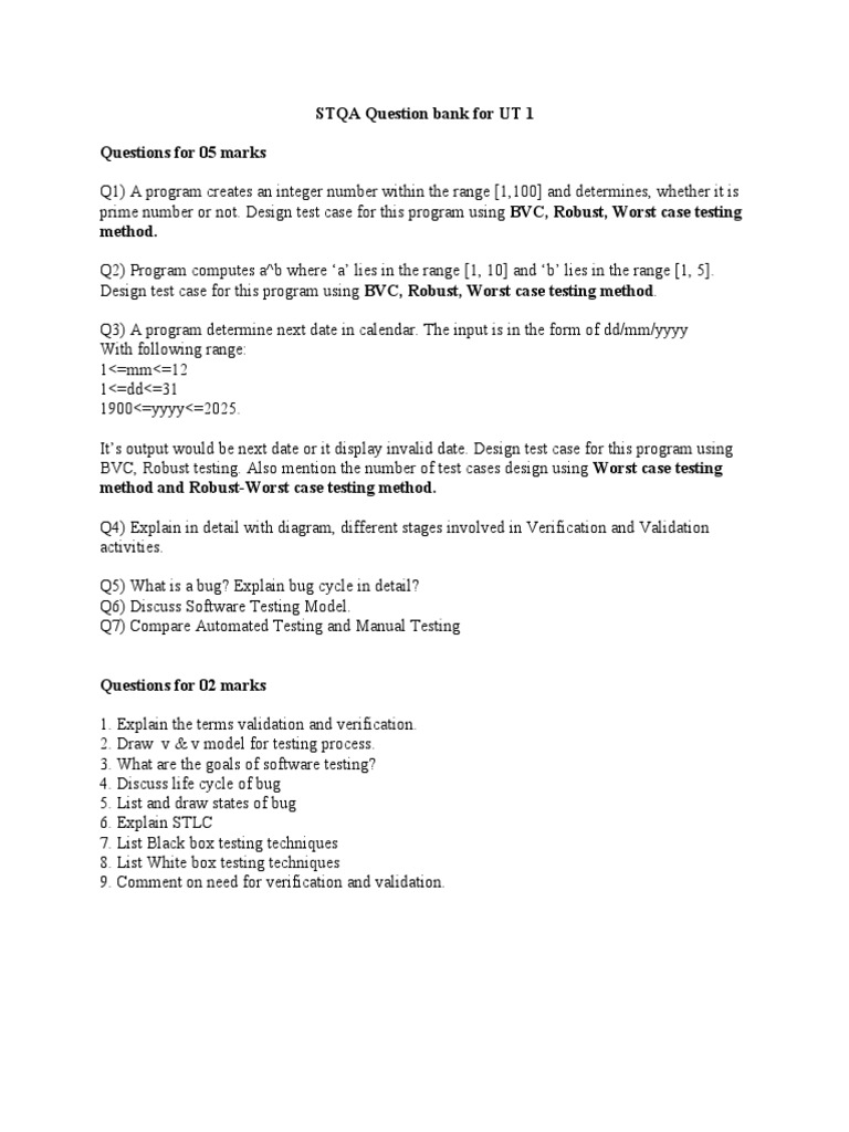 STQA Question Bank For UT 1 Questions For 05 Marks | PDF | Technology & Engineering