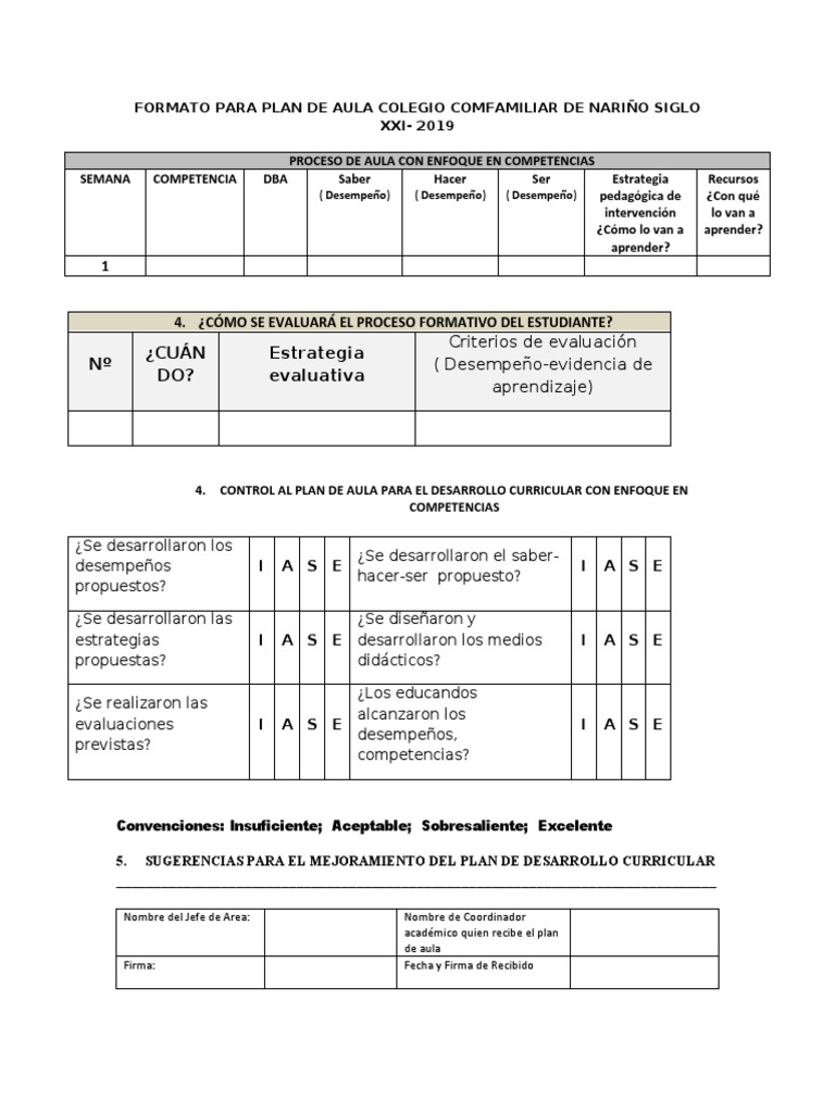 Formato para Plan de Aula Colegio Comfamiliar de Nariño Siglo Xxi-1 | PDF | Aprendizaje ...