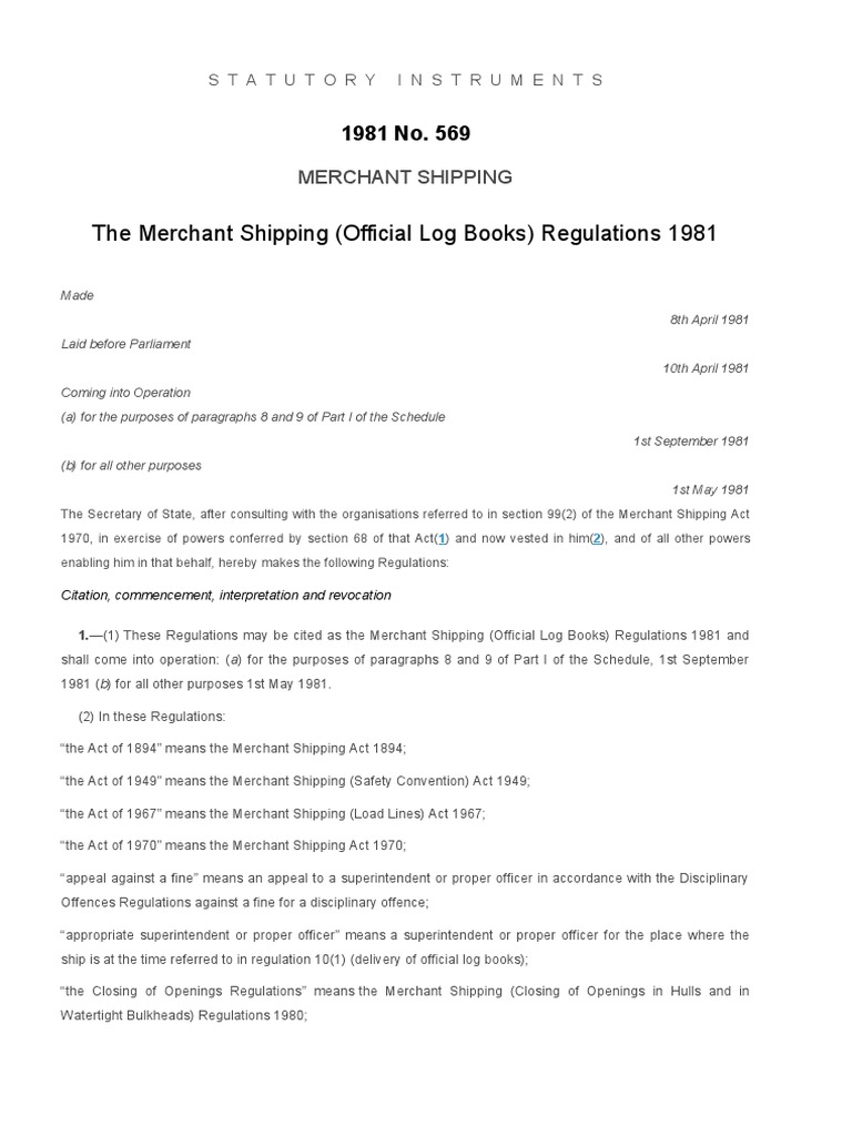 Official Log Book Regulations - SI 1981-569 and Subsequent Amendments ...