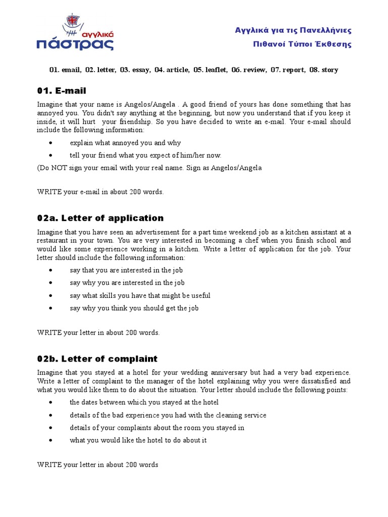 E-Mail: 01. Email, 02. Letter, 03. Essay, 04. Article, 05. Leaflet, 06 ...