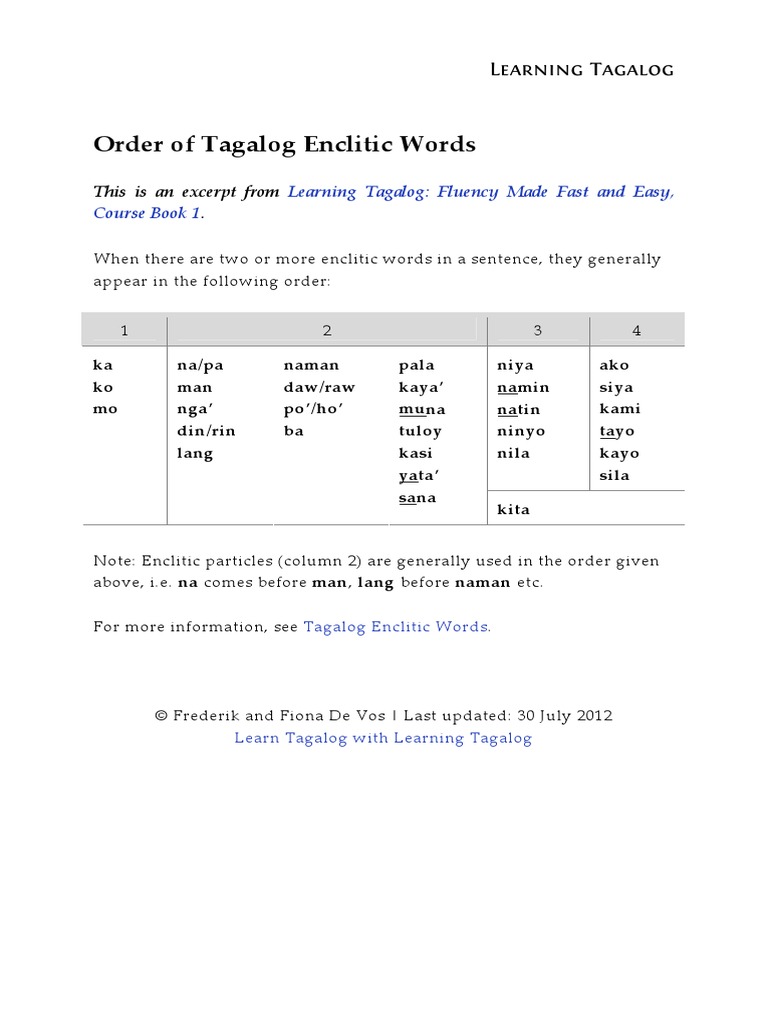 Order of Tagalog Enclitic Words PDF | PDF