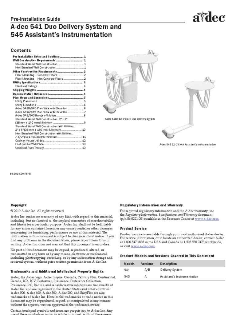 A-Dec 541 Duo Delivery System and 545 Assistant's Instrumentation | PDF ...
