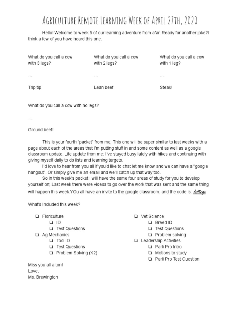 Ag Remote Learning Week of April 27th | PDF | Gallon | Kilowatt Hour