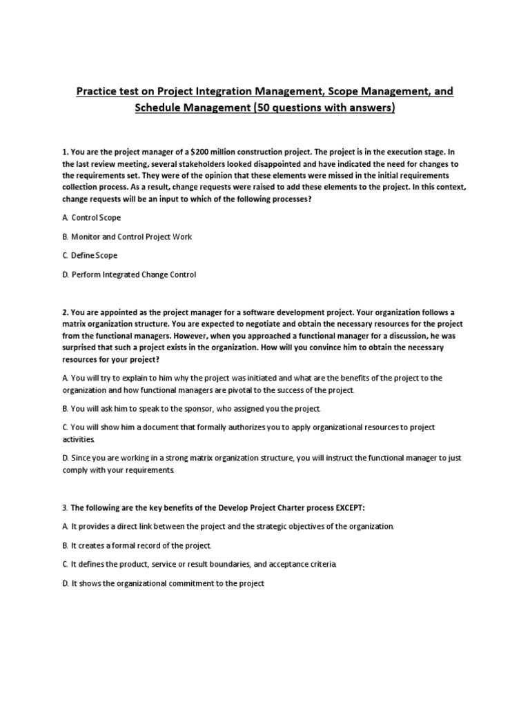 Project Management Integration Practice Test | PDF | Project Management ...