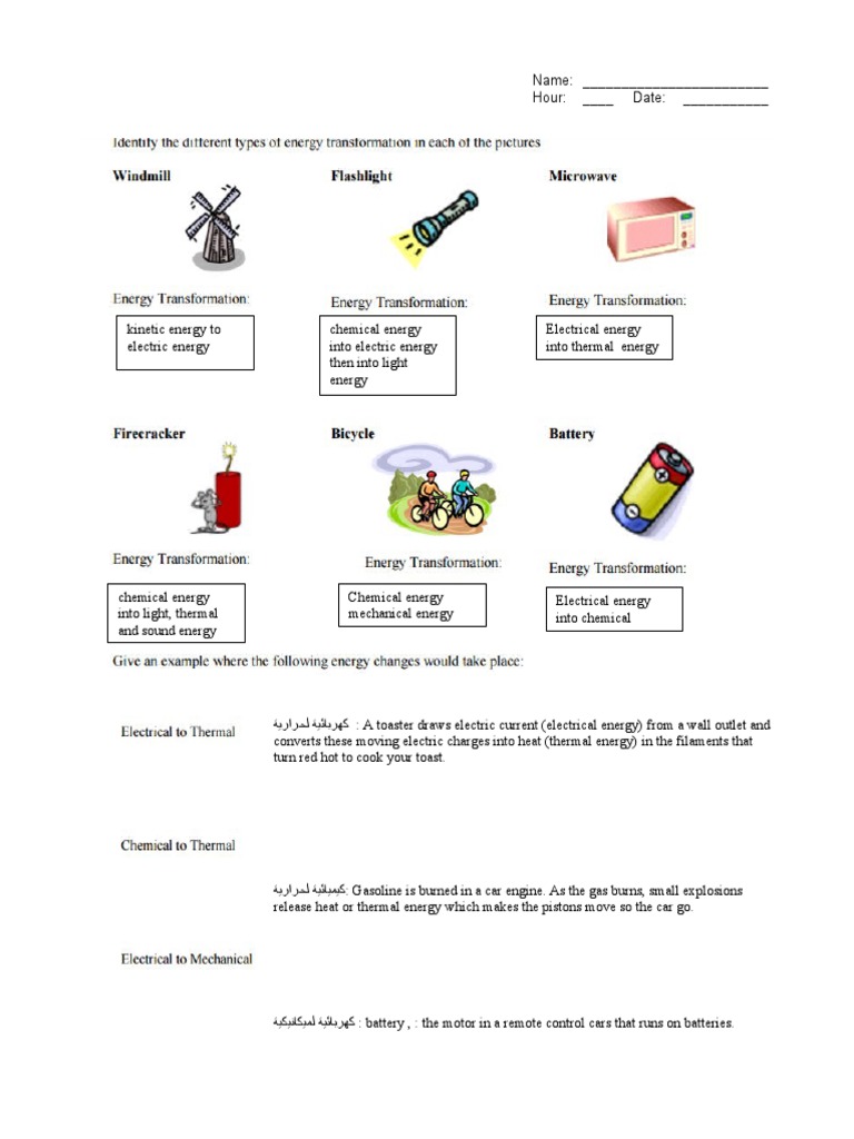 Energy Transformation Worksheet 6th Grade