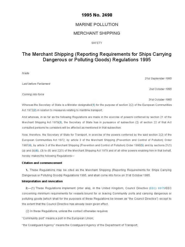 The Merchant Shipping (Reporting Requirements For Ships Carrying ...