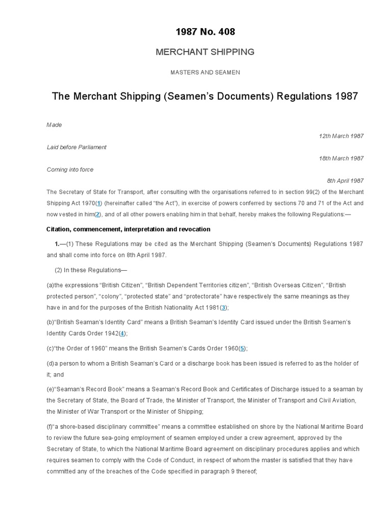 Merchant Shipping Seamen's Documents Regs | PDF | Sailor | Public Law