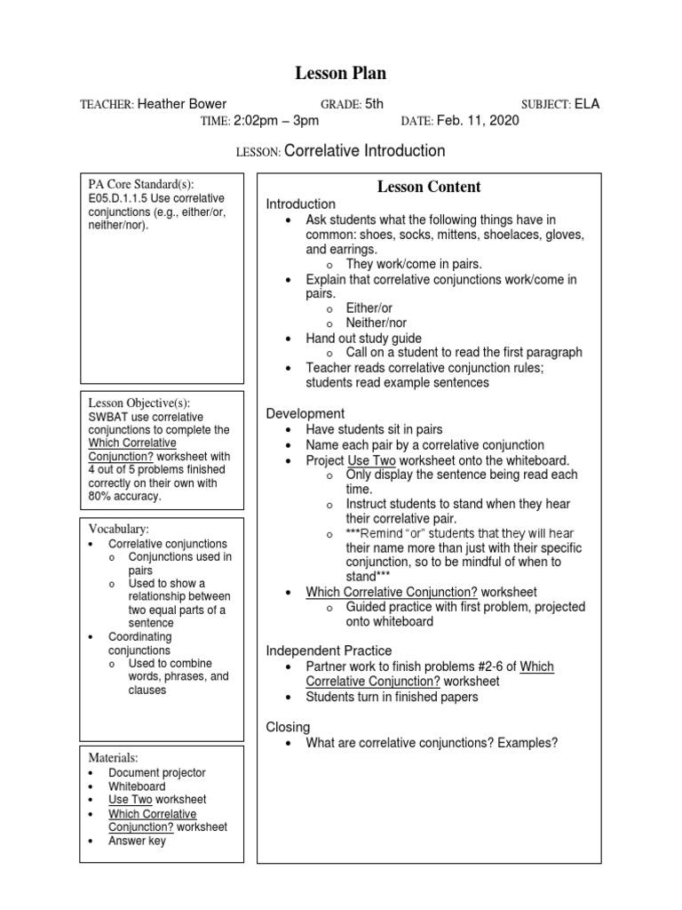 5th Grade ELA Correlative Conjunctions | PDF | Worksheet | Sentence ...