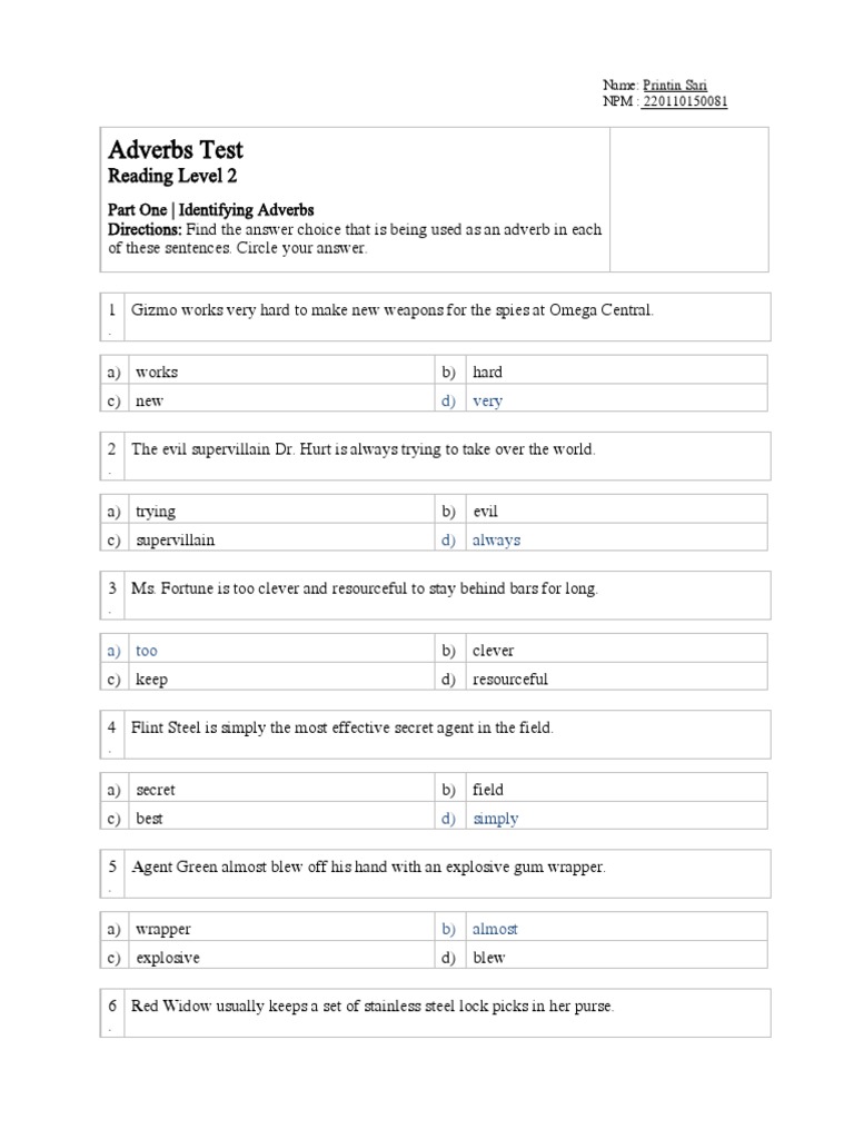 Adverbs Test Reading Level 02 Answer | PDF | Adjective | Adverb