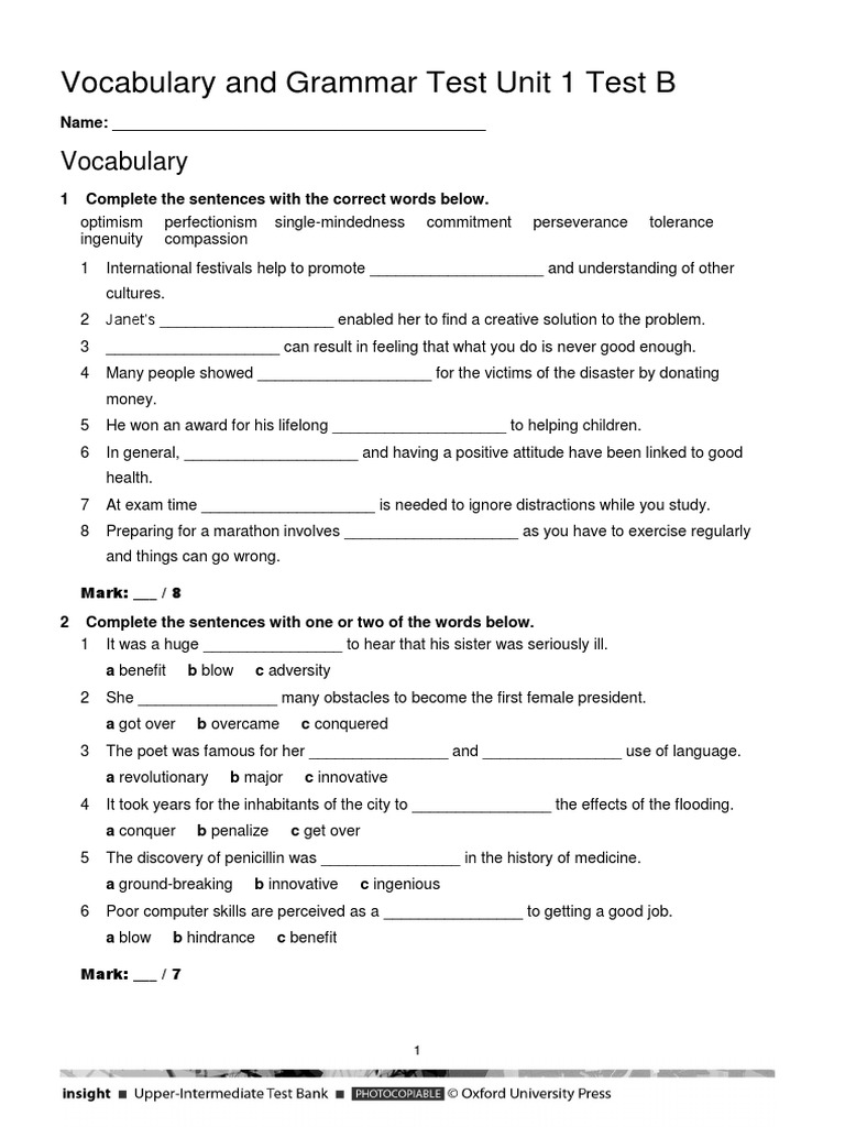 Vocabulary & Grammar Test Unit 1 Test B | PDF | Cognitive Science ...