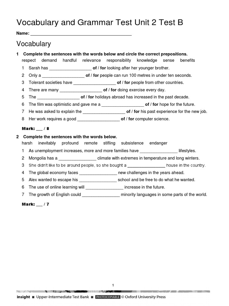 Vocabulary & Grammar Test Unit 2 Test B | PDF | Vocabulary