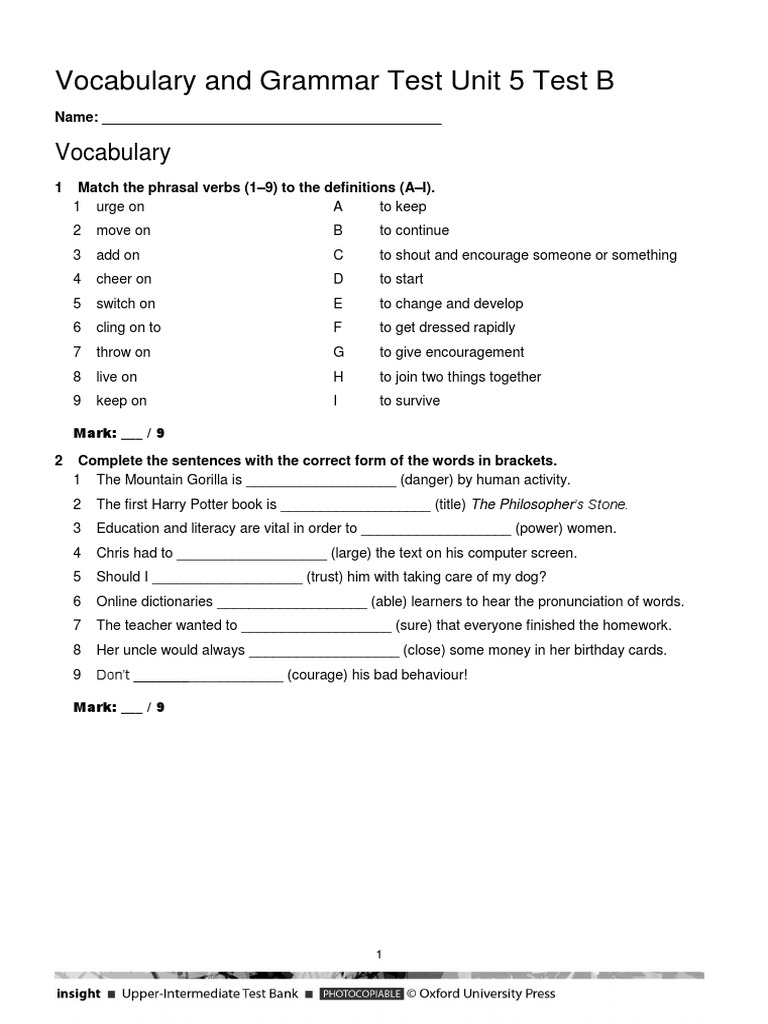 Vocabulary & Grammar Test Unit 5 Test B | PDF | Phrase | Vocabulary