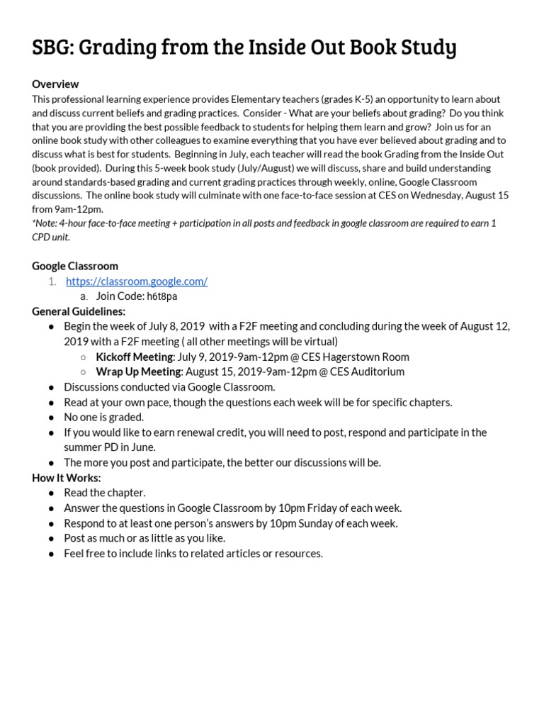 7c Standards Based Grading Book Study - Calendar and Guidelines Summer ...