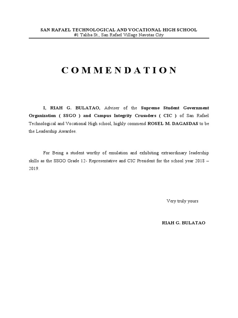 Commendation: San Rafael Technological and Vocational High School | PDF ...