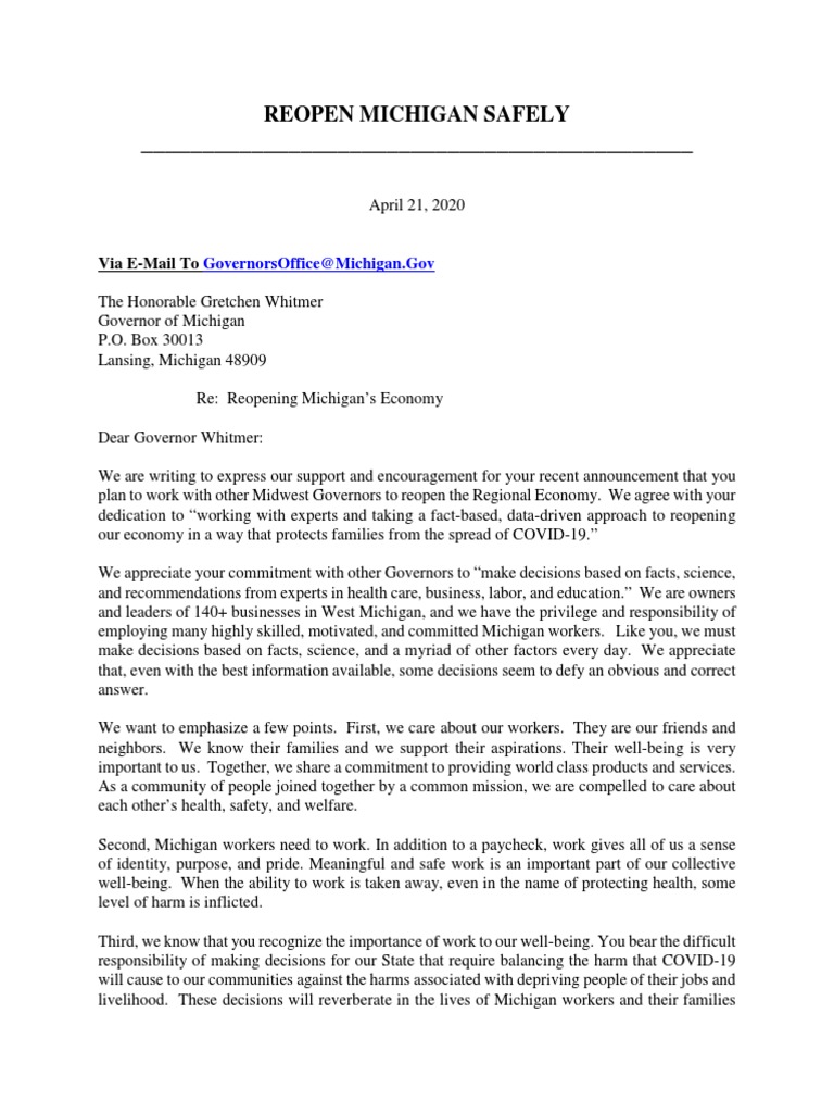 Reopen Michigan Safely - Letter From West Michigan Business Leaders ...