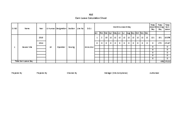 Earn Leave Calculation Sheet: I.D Number | PDF