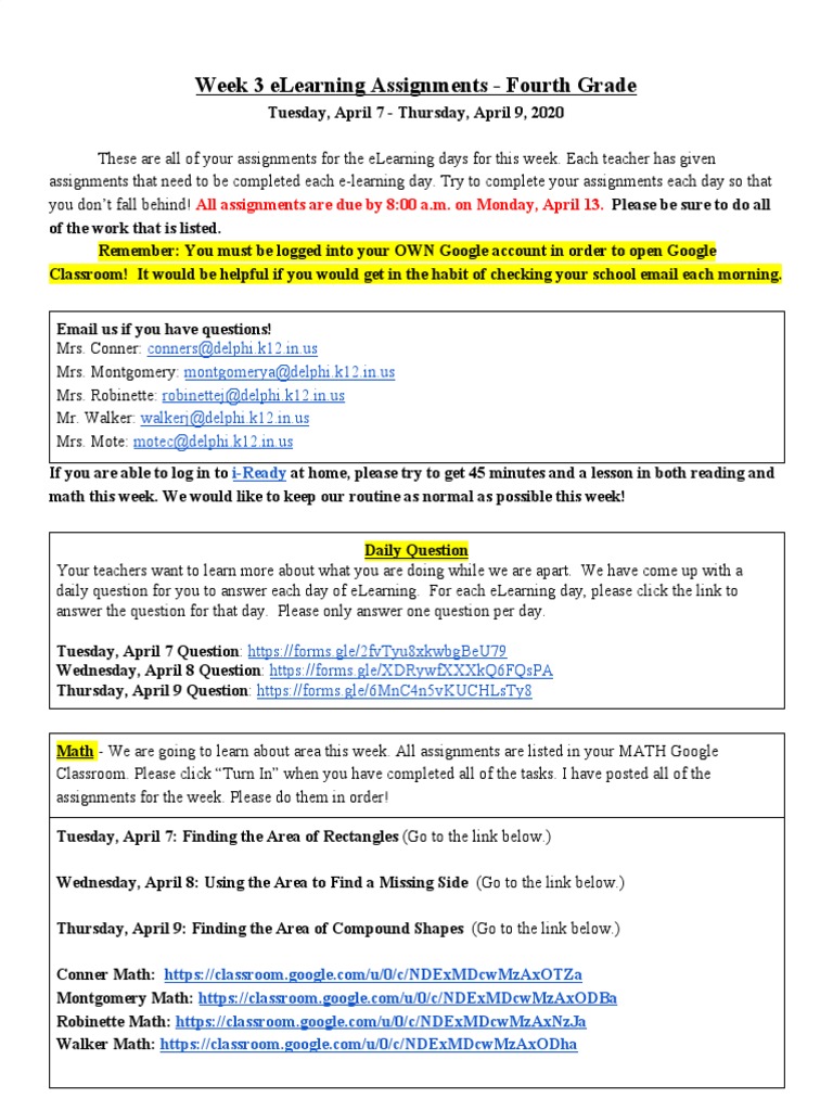 Fourth Grade eLearning Assignments Week 3 | PDF | Educational ...