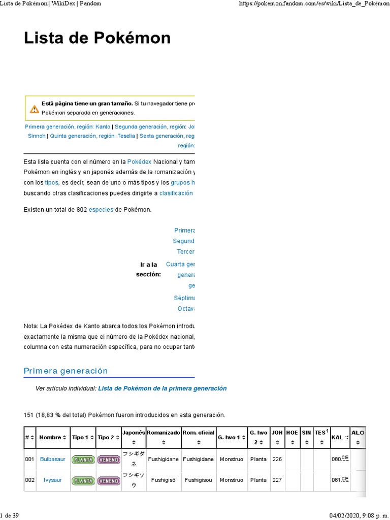 Lista de Pokémon _ WikiDex _ Fandom2 | PDF | Pokémon | Trabajos