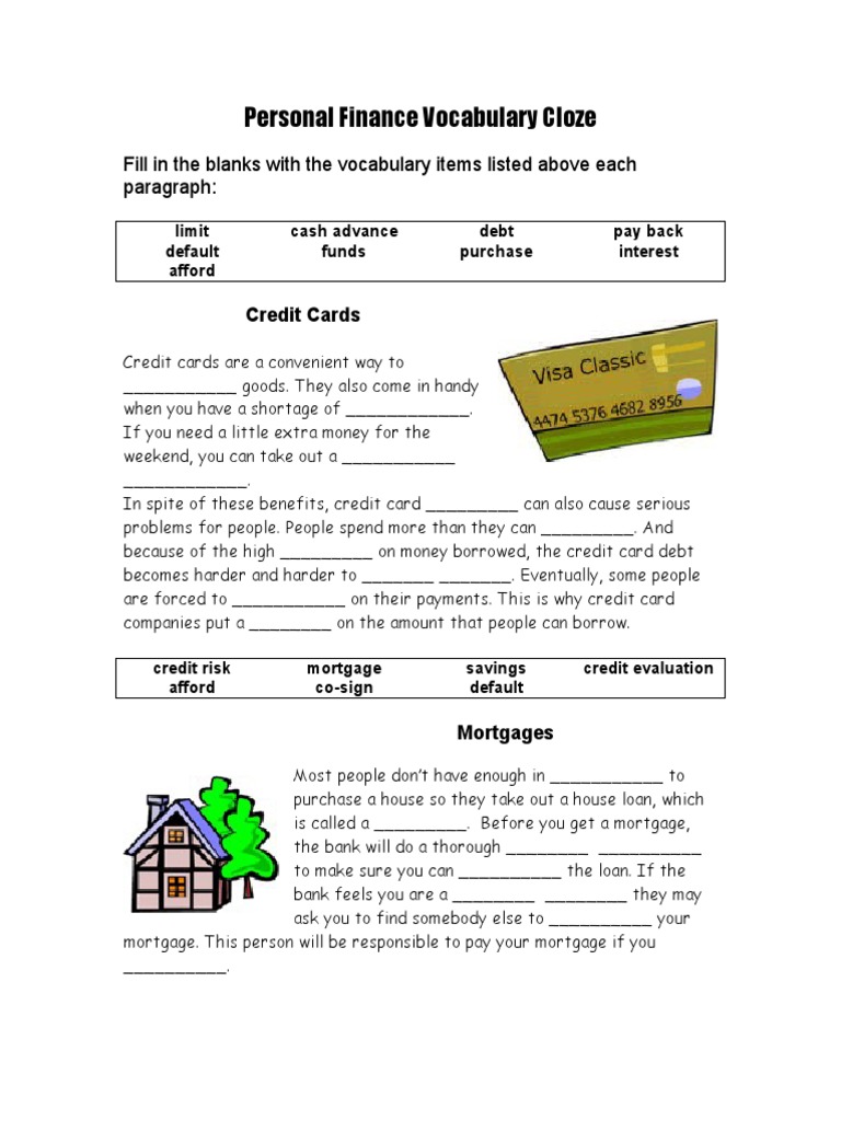 Personal Finance Vocabulary Cloze: Fill in The Blanks With The ...