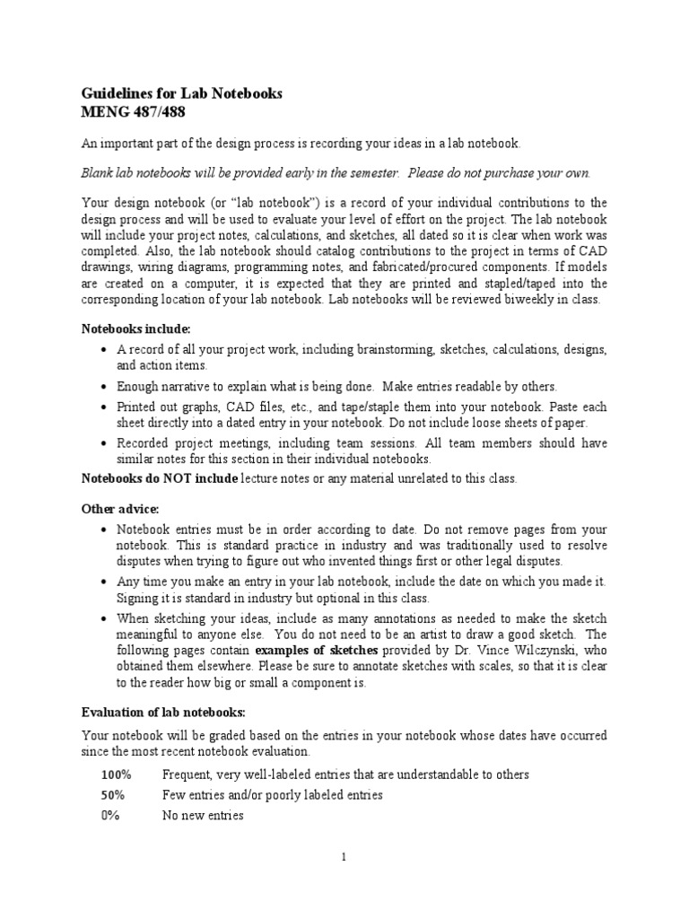 Guidelines For Lab Notebooks MENG 487/488 | PDF | Notebook | Design