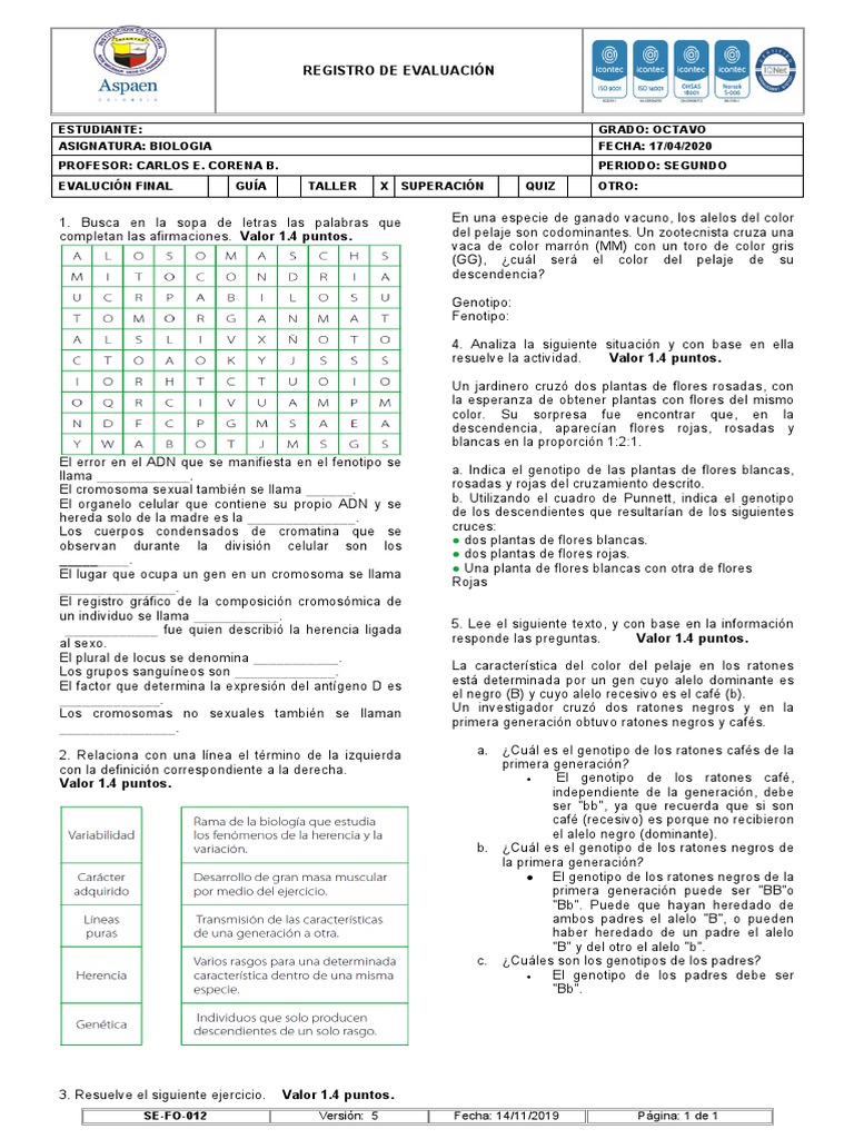 Taller de Biologia - Genetica Mendeliana y Cruces Geneticos | PDF ...