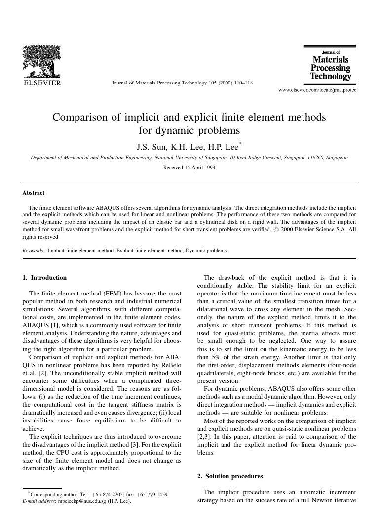 Comparison Of Implicit And Explicit Finite Element Methods For Dynamic Problems Pdf Stress