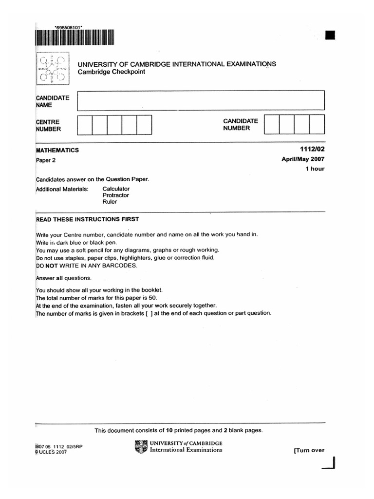 Secondary Checkpoint - Math (1112) April 2007 Paper 2 | PDF