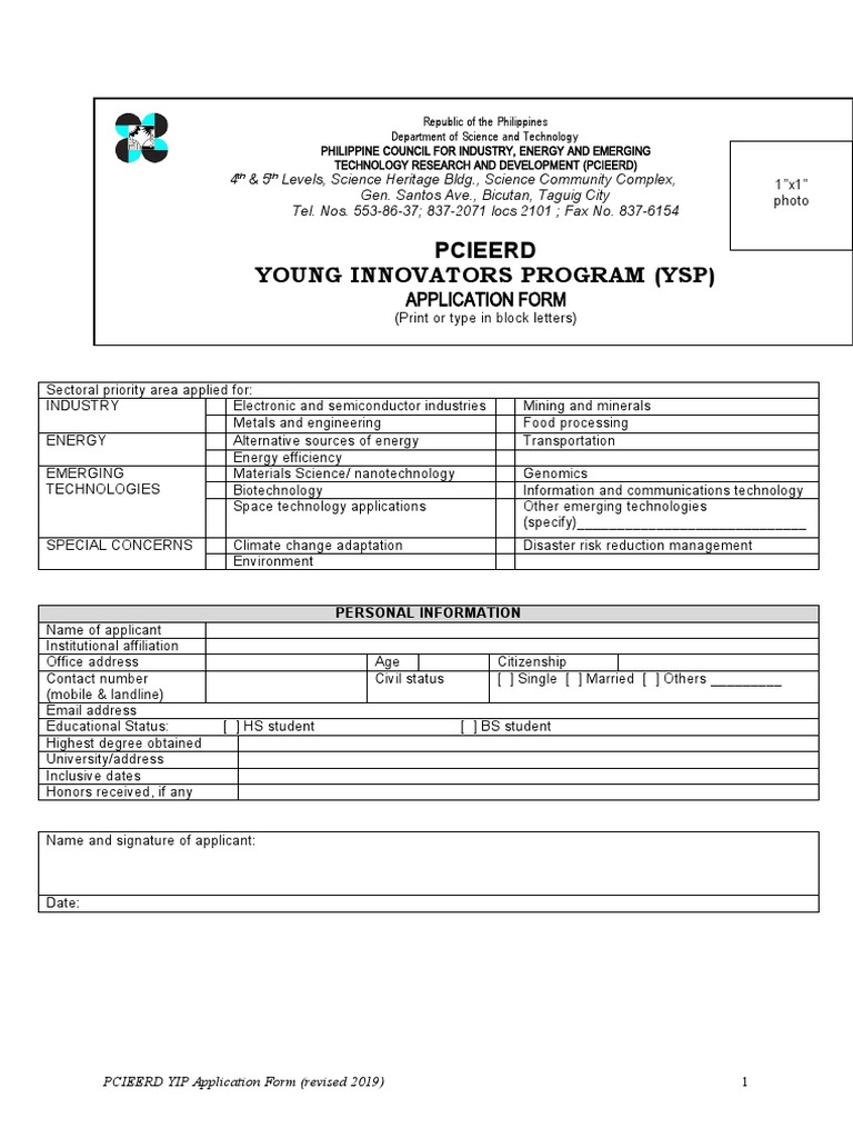Pcieerd Young Innovators Program (Ysp) : Application Form | PDF ...