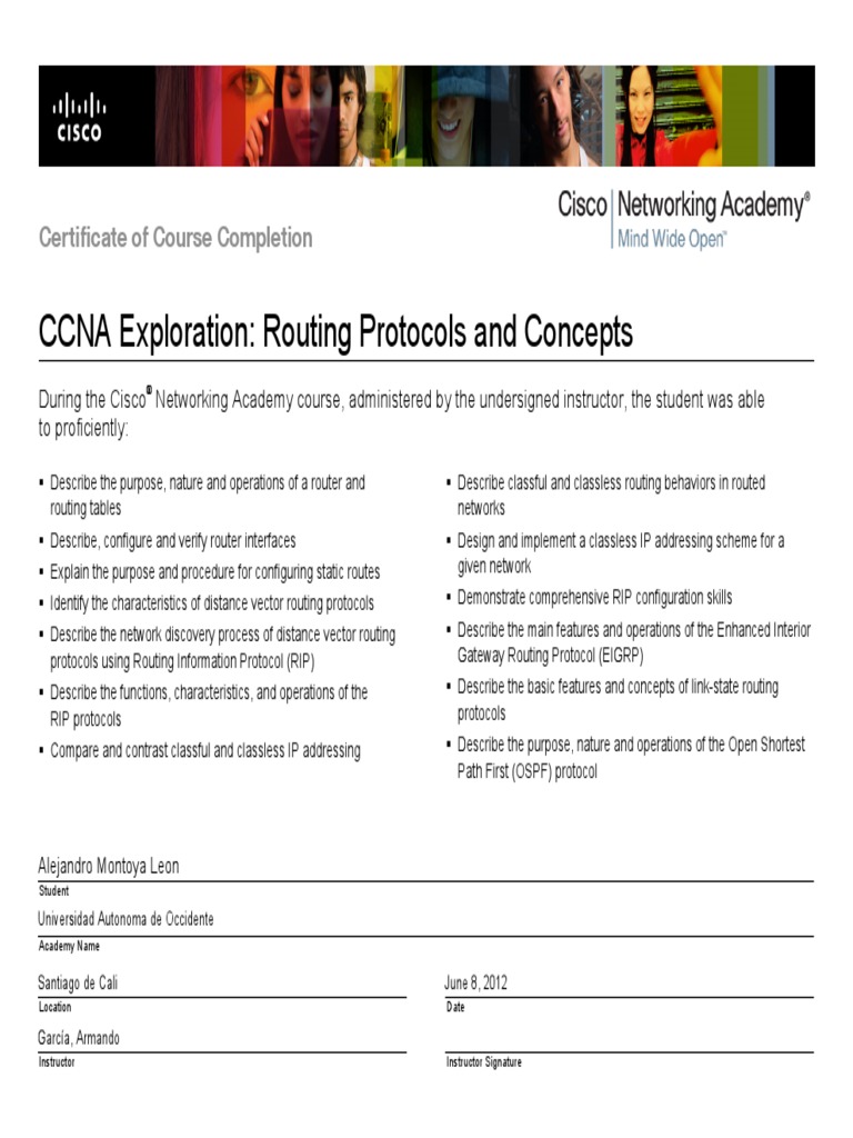 CCNA Exploration: Routing Protocols and Concepts: Certificate of Course Completion | PDF ...