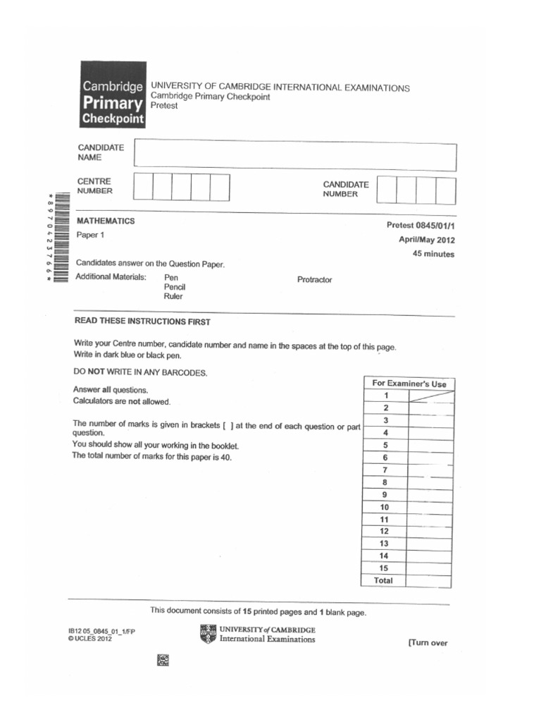 Primary Checkpoint Math Pre Test 0845 April 2012 Paper 1 | PDF