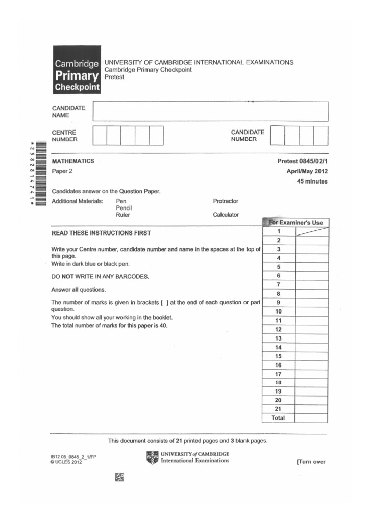 Primary Checkpoint Math Pre Test 0845 April 2012 Paper 2 | PDF