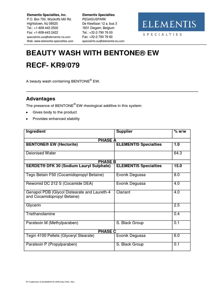 Beauty Wash With Bentone® Ew PDF | Download Free PDF | Chemical Substances | Chemical Compounds