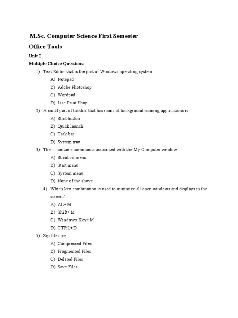 M.Sc. Computer Science First Semester Office Tools: Unit I Multiple Choice Questions | PDF ...