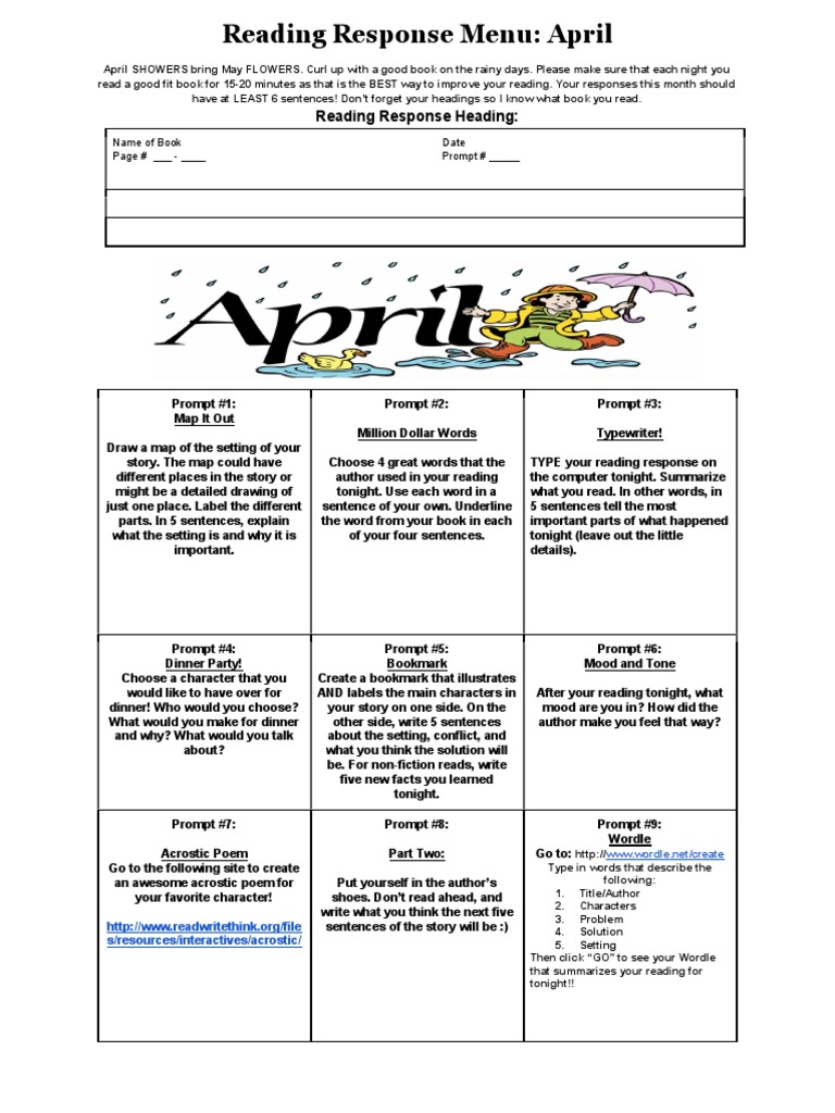 April Reading Response Prompts | PDF | Language Arts & Discipline ...