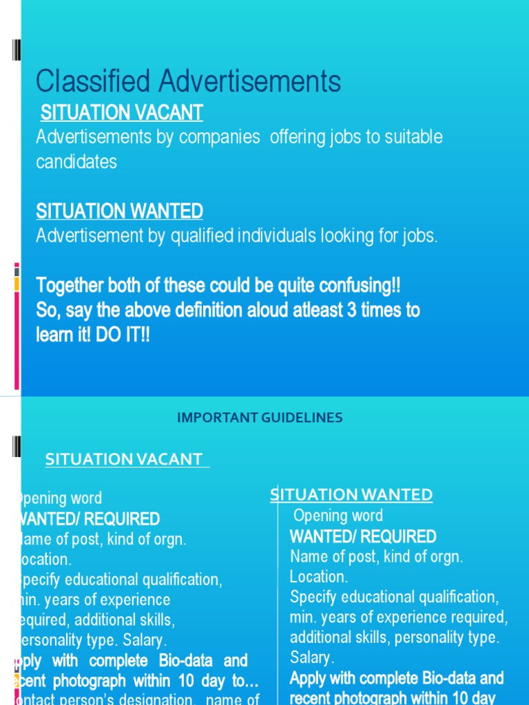 Classified Ads - Situation Vacant & Wanted | PDF | Learning | Communication
