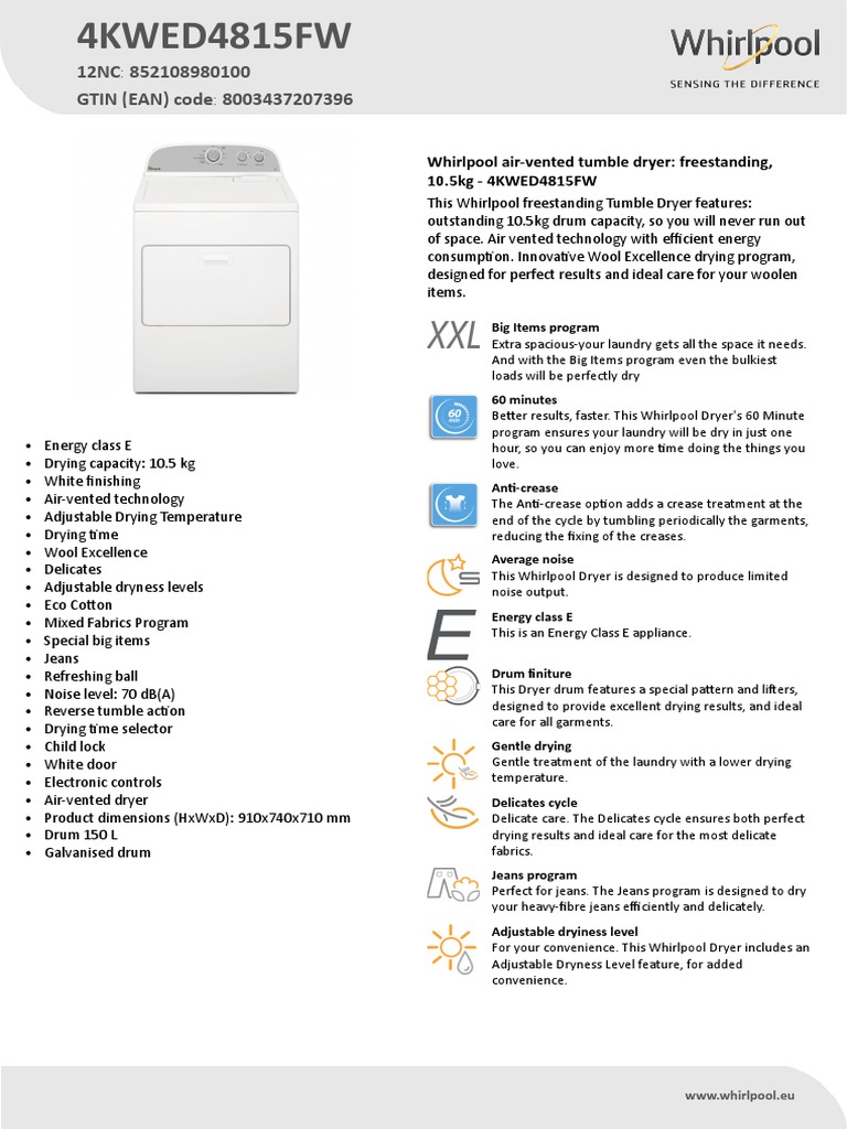 12NC 852108980100 GTIN (EAN) Code 8003437207396: Whirlpool Air-Vented ...