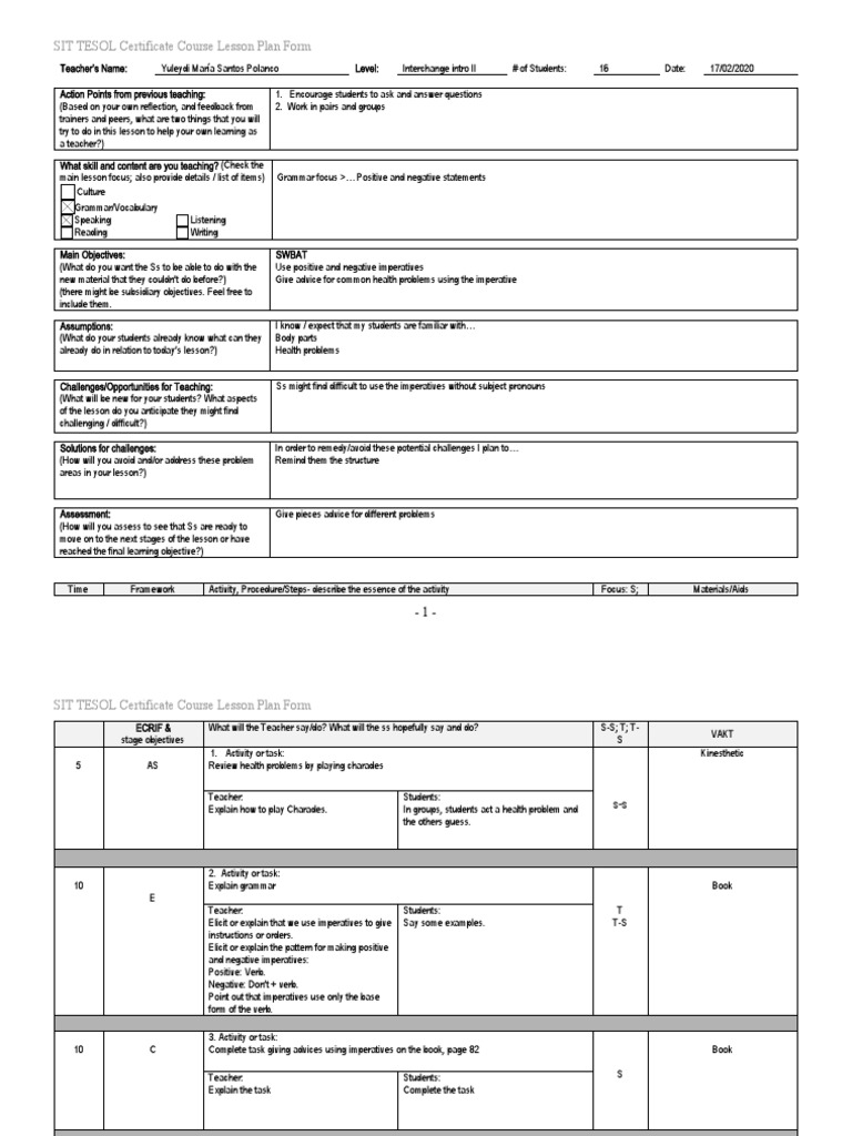 SIT TESOL Certificate Course Lesson Plan Form | PDF | English As A ...