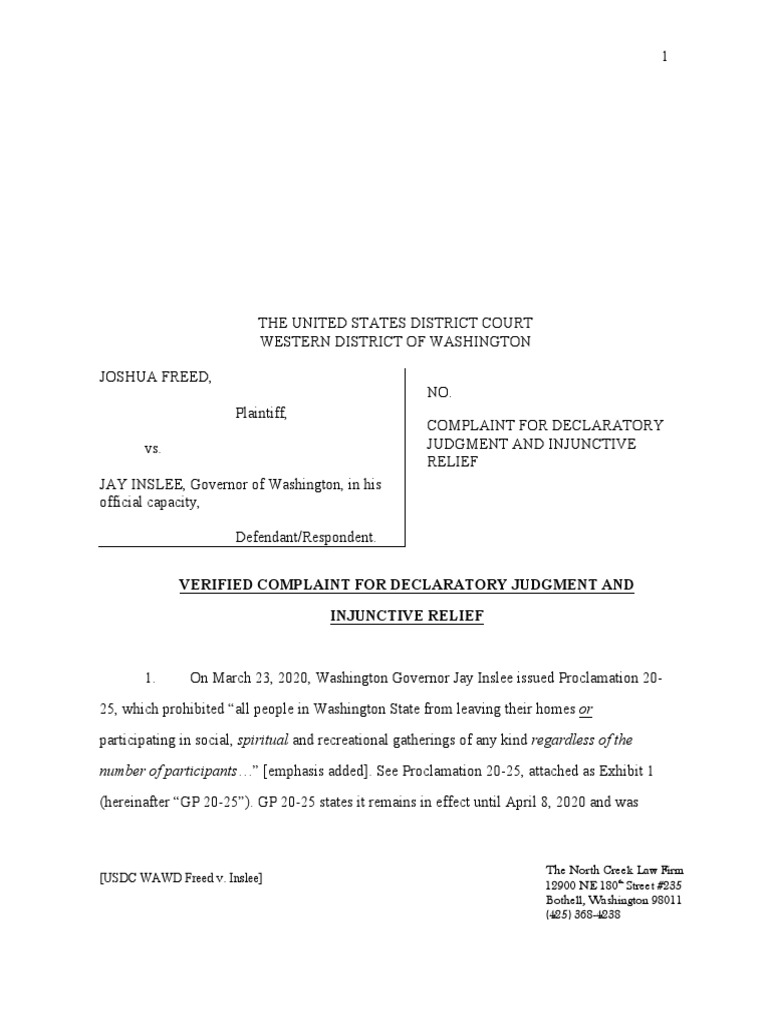 Complaint For Declaratory Judgment and Injunctive Relief (Freed v. Inslee) | PDF | First ...