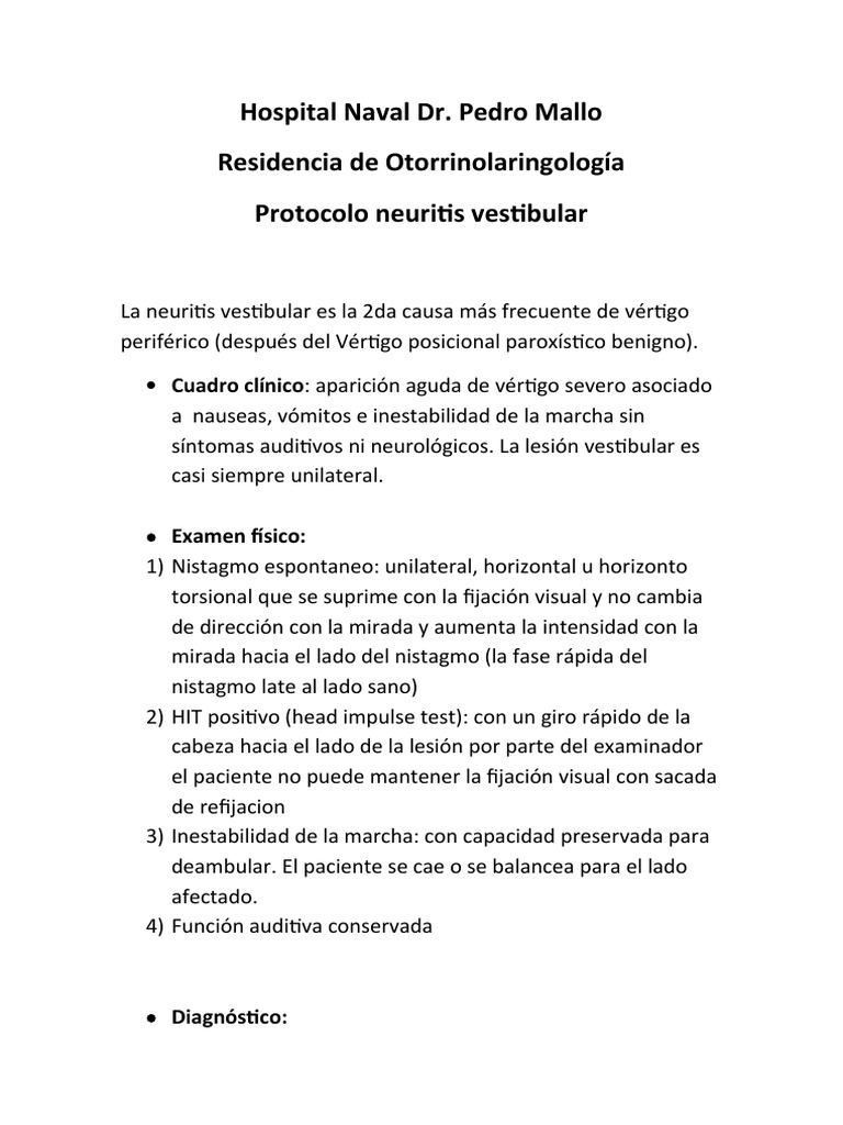 Protocolo Neuritis Vestibular | PDF | Vértigo | Infarto de miocardio