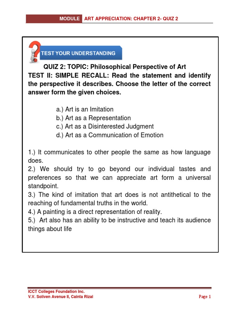 Art Appreciation: Chapter 2-Quiz 2: ICCT Colleges Foundation Inc. V.V ...