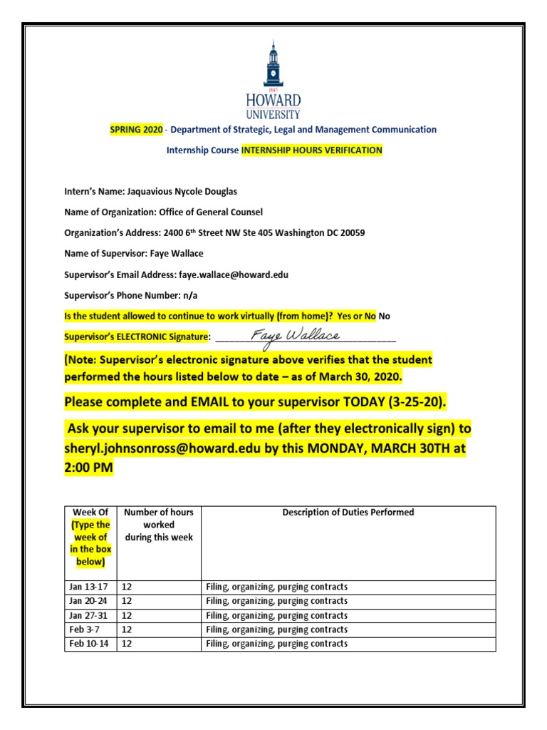 Jaquavious Nycole Douglas - Internship Hours Verification | PDF