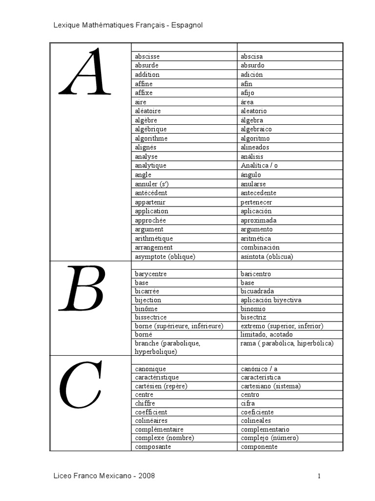 Glosario de Matemáticas Francés-Español | PDF | Espacio | Números